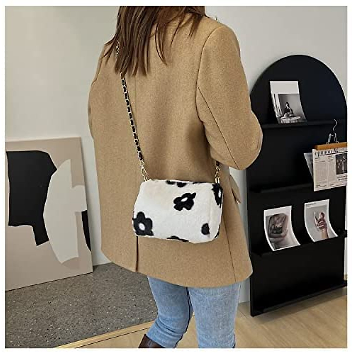 Fluffy Plush Crossbody Shoulder Bag with Chain, Y2K Flower Printed Underarm Bag Cute Furry Handbag Purse (White_A)