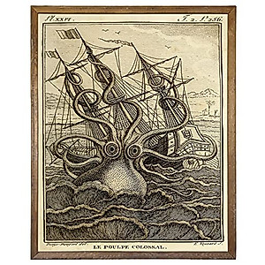 Vintage Steampunk Octopus Wall Decor - Pirates Kraken Pictures Wall Art - Retro Kitchen Bathroom Poster - Goth Room Decor - Gothic Decor - Lake Beach House Art Print - Nautical, Lovecraft, Mermaid