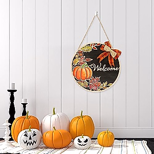 CHDITB Fall Decoration 3D Welcome Front Door Sign Home Decor(11.4”x11.4”), Pumpkin Welcome Sign with Maple Leaves Hazelnuts Plaid Bow, Thanksgiving Farmhouse Wreath for Front Door Porch Outdoor