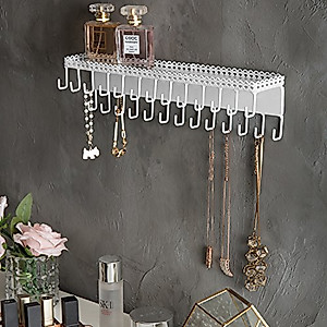 MyGift 26-Hook White Wall-Mounted Metal Jewelry Organizer with Display Shelf