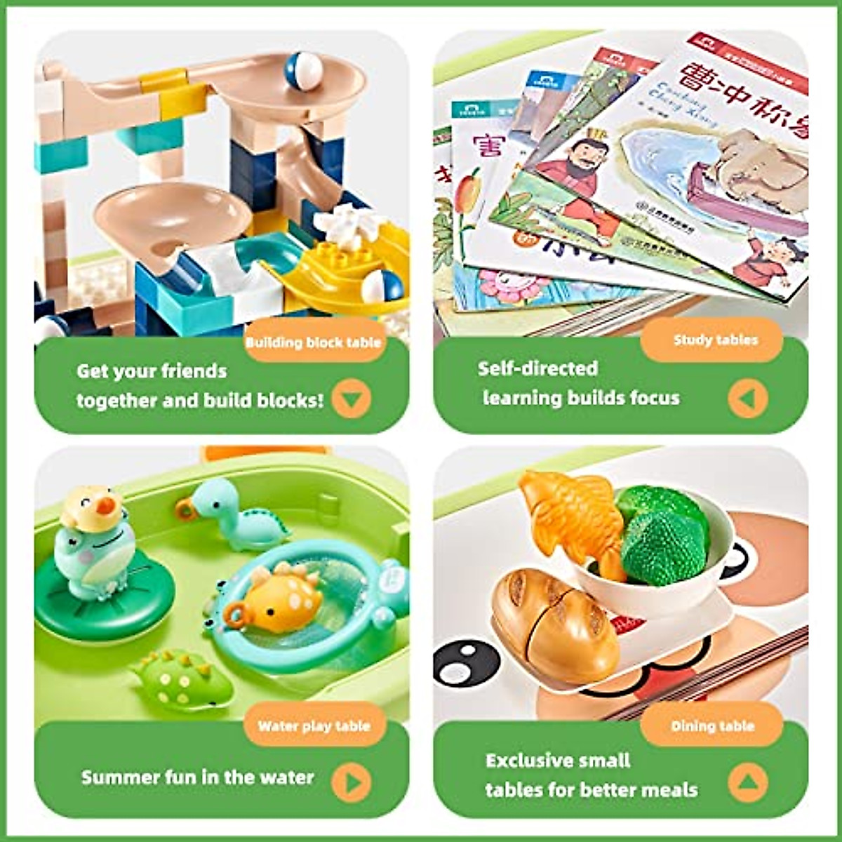 la-belle-vie 6-in-1 Activity Table for Kids, Sand/Water Table for Toddlers 1-3, Kids Table and Chair Set with Storage, 70 pcs Marble Run Building Blocks Classic Big Blocks (Green)