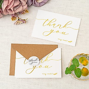 Crisky 50 Pcs Gold Foil Thank You Cards With 50 Envelopes & 50 Stickers Simple, Chic, Elegant Greeting Cards Perfect for: Wedding/Business/Birthday/Graduation etc. 4 x 6 inches 50 Pack