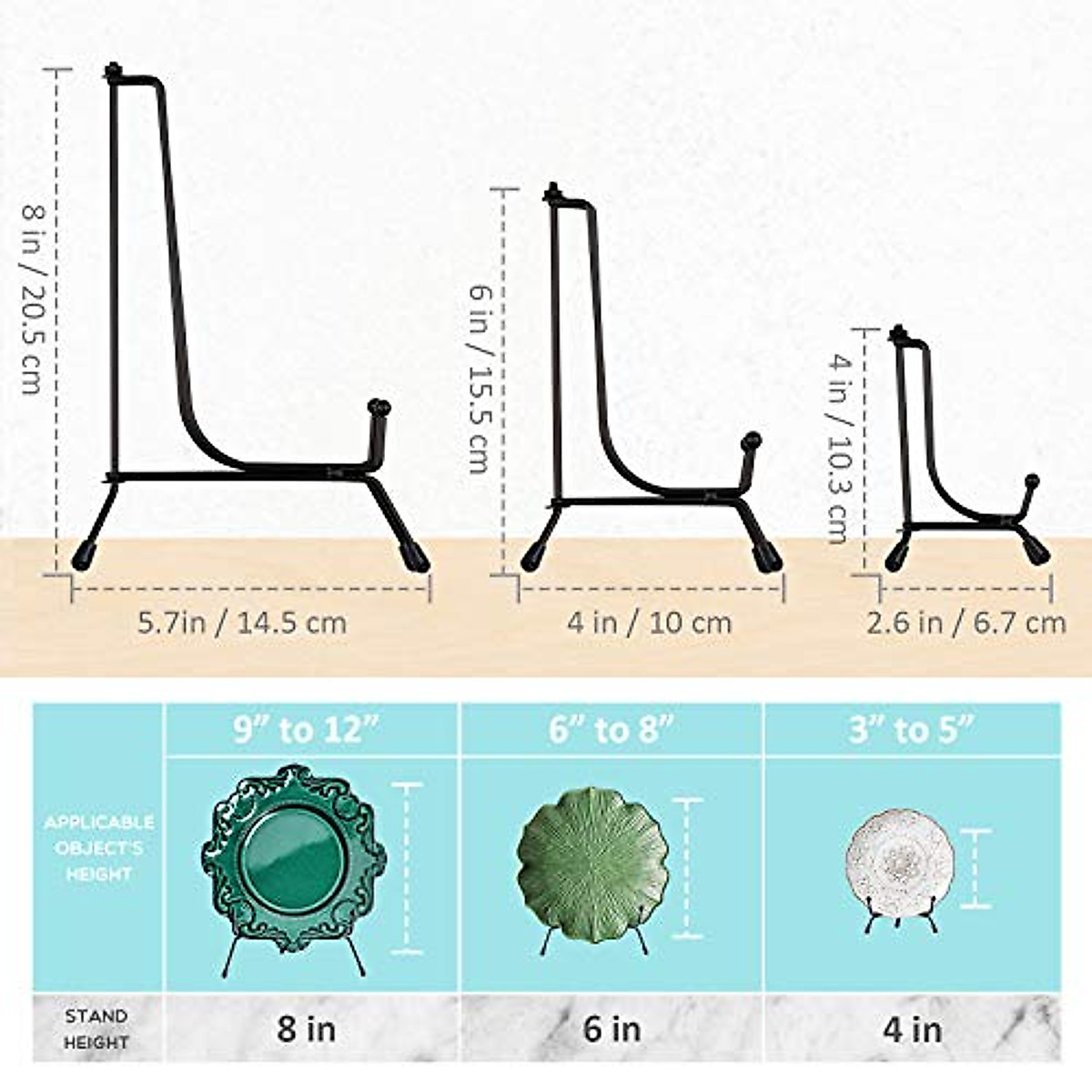 Mocoosy 4 Pack 8 Inch Improved Anti-Slip Plate Stands for Display, Plate Holder Display Stand, Picture Frame Holder Stand, Black Iron Easel Stands for Photo, Decorative Plate, Tablets and Tabletop Art