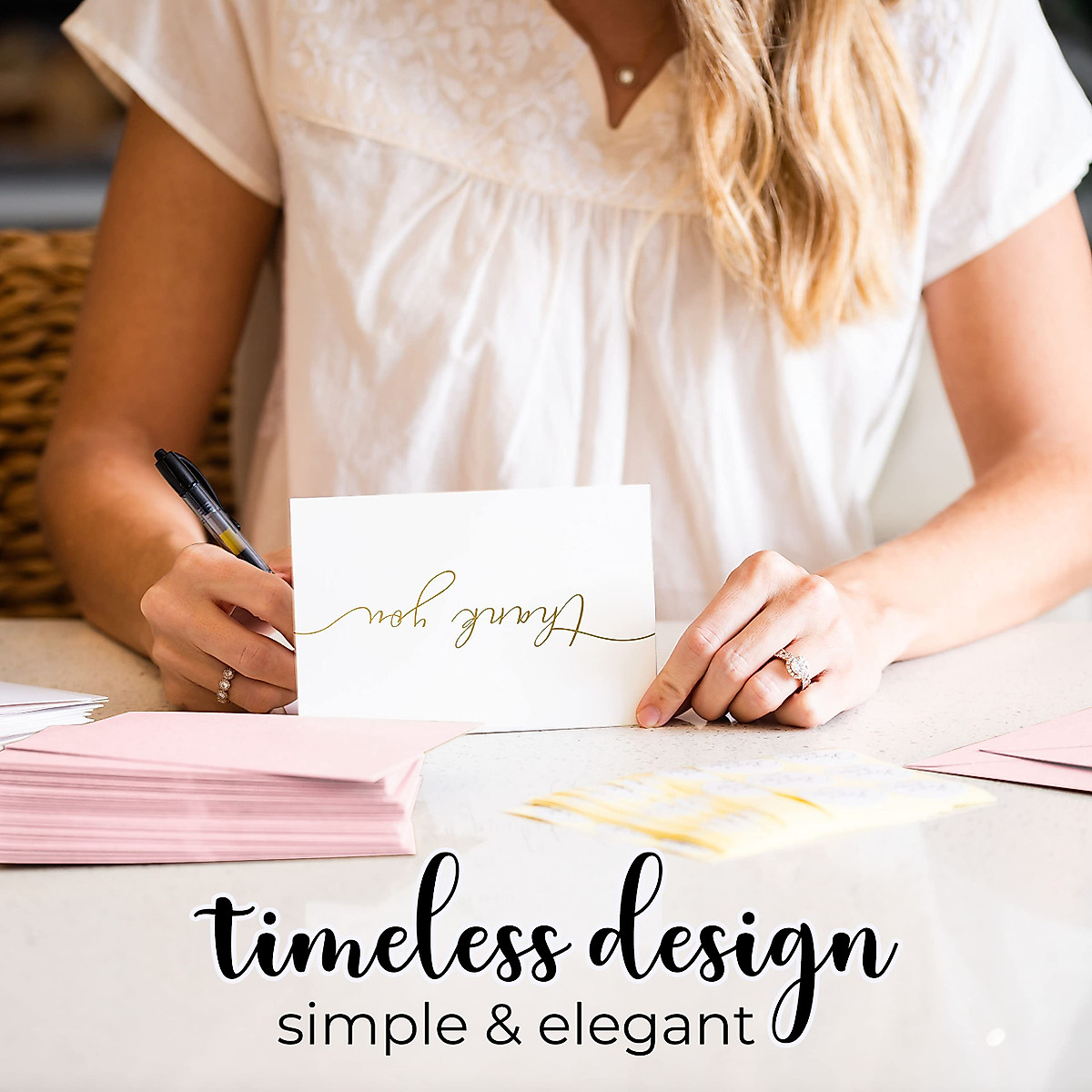 100 Heavyweight Blank Thank You Cards with Envelopes - Blank Cards and Envelopes - Thank You Cards Wedding with Envelopes Set - Gold Script Thank You Notes - Thank You Cards Bridal Shower (100 Pack)