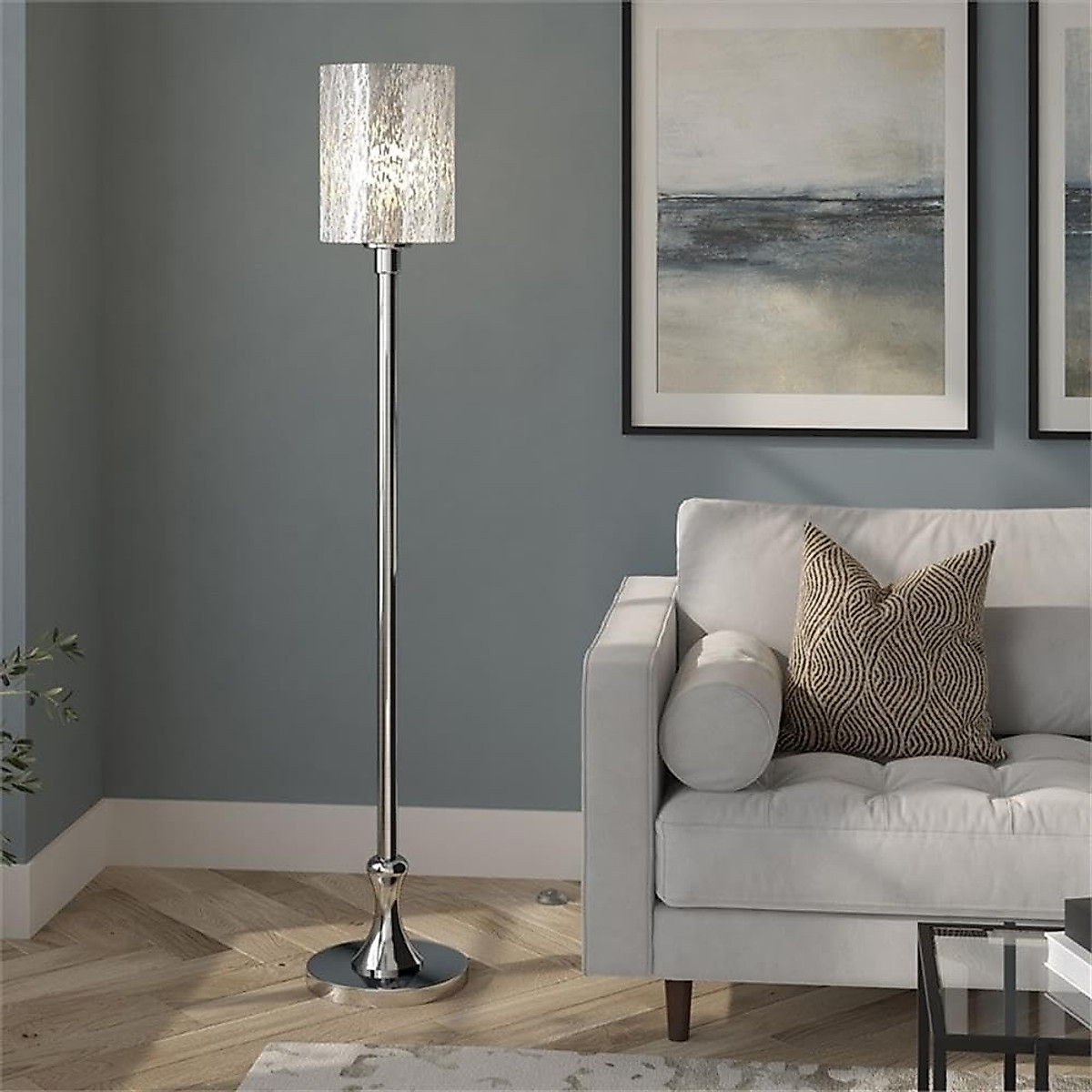 Numit 68.75" Tall Floor Lamp with Glass Shade in Brushed Nickel/Mercury Glass