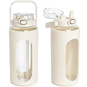 64oz Glass Water Bottles with Straw , Motivational Water Bottle with Silicone Sleeve & Double Drinking Lid Handle, Leakproof & BPA Free Reusable Clear Glass Water Jug with Double Drinking Lids (White)