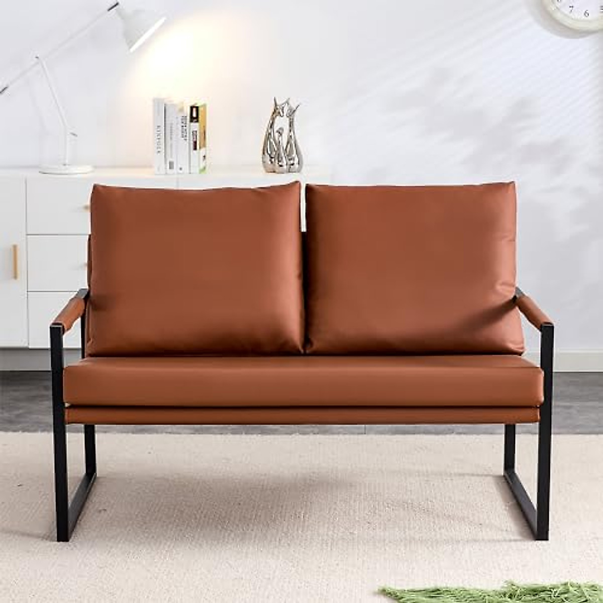 RIGHTPARTS Modern Two-Seater Sofa Chair, Living Room Sofa with 2 Pillows,PU Leather Sofa Bed, High-Density Foam, Black Coated Metal Frame,Brown