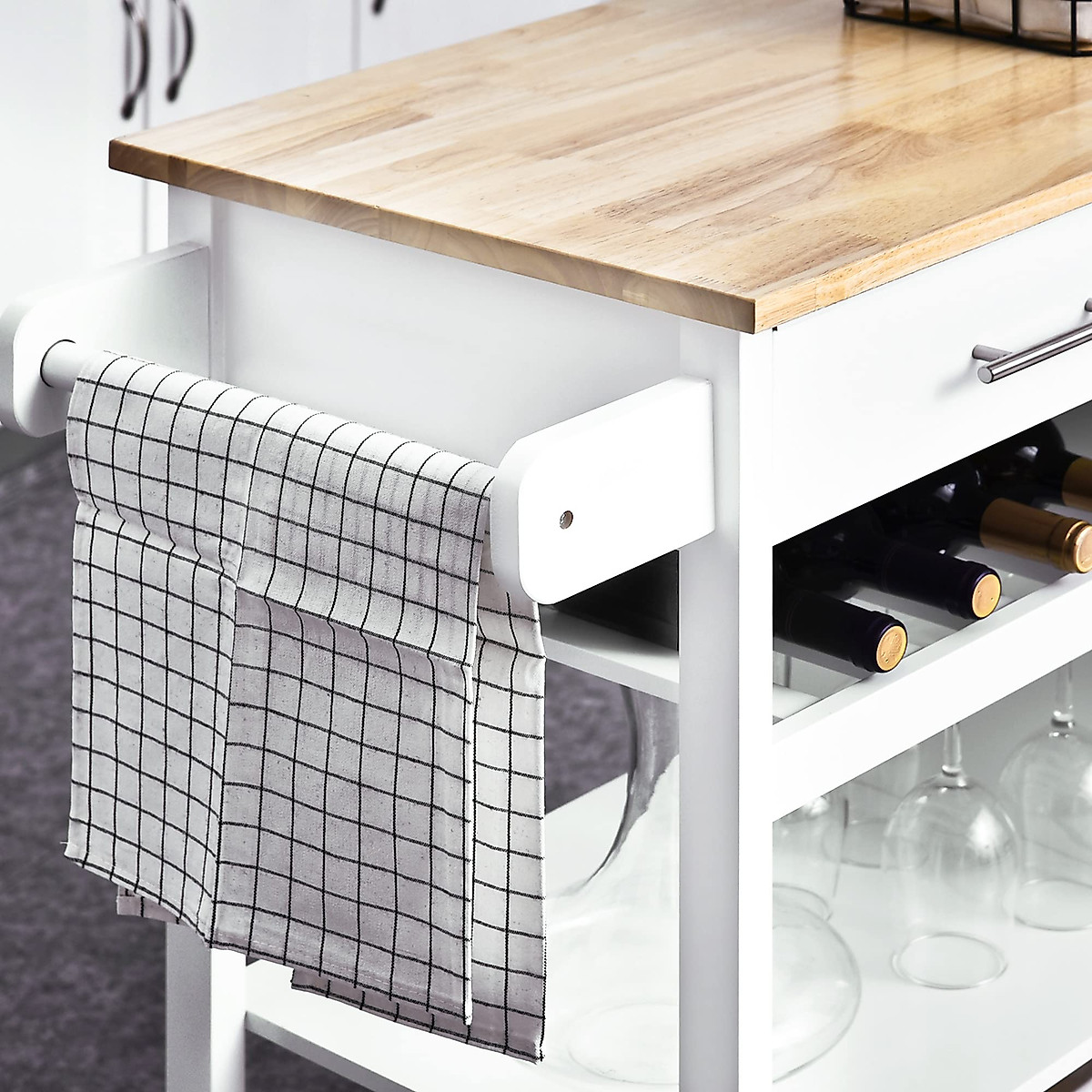 HOMCOM Rolling Kitchen Island with Storage, Kitchen Cart with Solid Wood Countertop, Drawer, Adjustable Shelf and Wine Rack, White