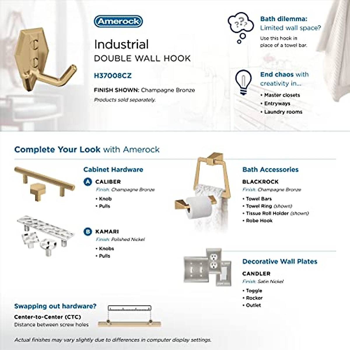 Amerock H37008CZ | Benton Double Prong Decorative Wall Hook | Champagne Bronze Hook for Coats, Hats, Backpacks, Bags | Hooks for Bathroom, Bedroom, Closet, Entryway, Laundry Room, Office