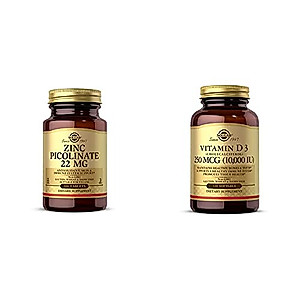 Solgar Zinc Picolinate 22 mg, 100 Tablets - Promotes Healthy Skin - Supports Immune System, Normal T with Vitamin D3 (Cholecalciferol) 250 MCG (10,000 IU), 120 Softgels - Helps Maintain Healthy Bones