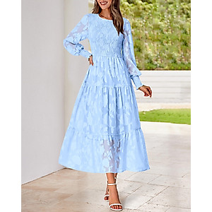 BTFBM Casual Women's 2025 Fall Dresses Elegant Wedding Guest Dress Long Sleeve Floral Midi Dress Flowy Bohemian Long Dress(Blue,X-Large)