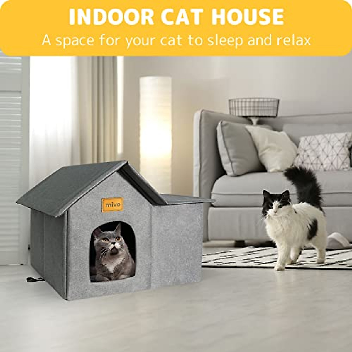 mivo Weatherproof Cat Houses for Outdoor/Indoor Cats, Collapsible Warm Feral Cat Shelter with Removable Soft Mat, Easy to Assemble Big Cat Bed for Winter
