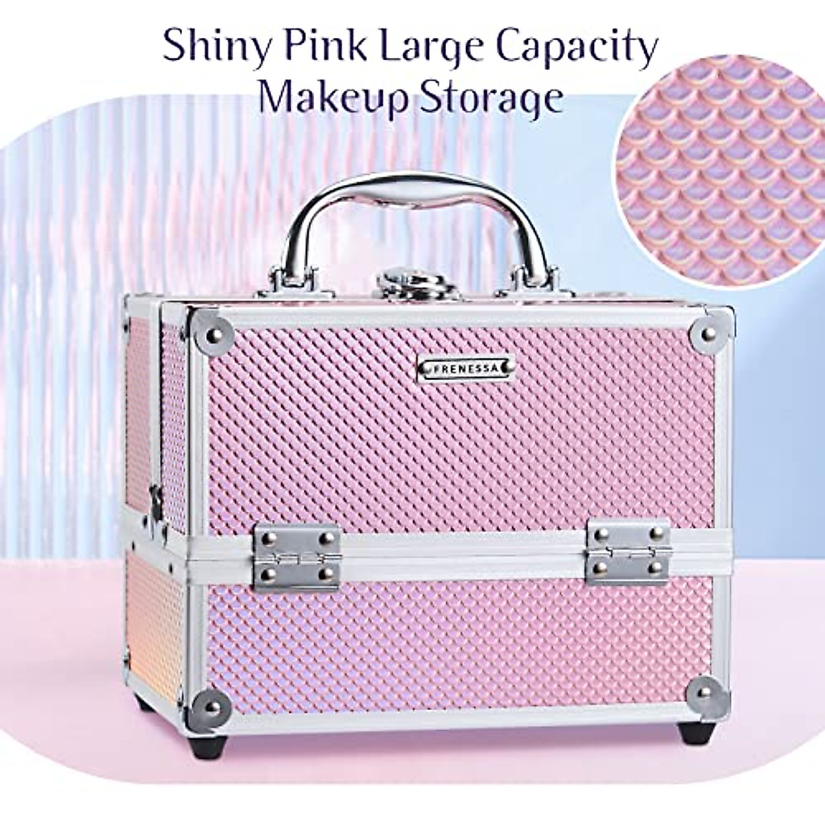 FRENESSA Makeup Train Case Beauty Cosmetic Box 4 Tier Trays Jewelry Storage Organizer with Lockable Pink Lining Perfect for Women and Girls - Mermaid Pink