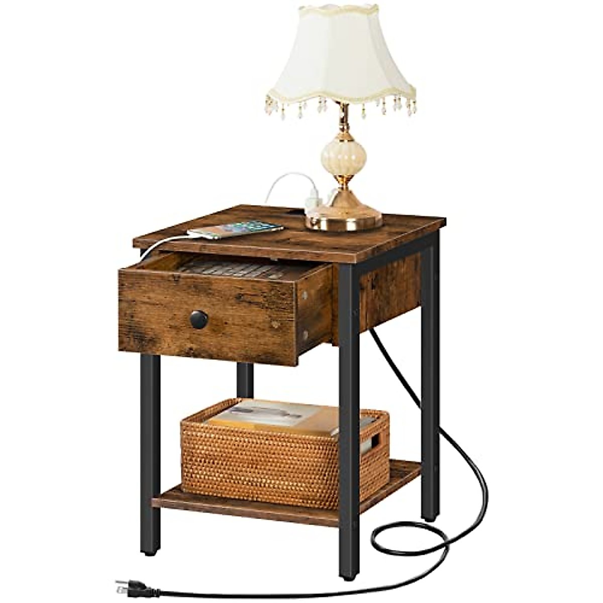 HOOBRO Nightstand, End Table with Charging Station and USB Ports, Side Table with Drawer and Storage Shelf, Bedside Table for Small Spaces and Bedroom, Rustic Brown BF401BZ01