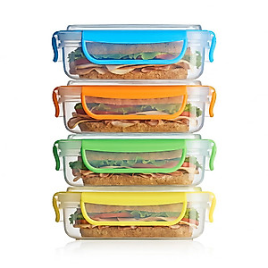 Snap Fresh - 4 Pack of Sandwich Containers (450 ml) - Reusable, BPA Free Plastic, Snap & Lock Shut Lids and Silicone Seal. Great for Fruit, Salad, Lunch Box Snacks and Food Storage; Kids and Adults