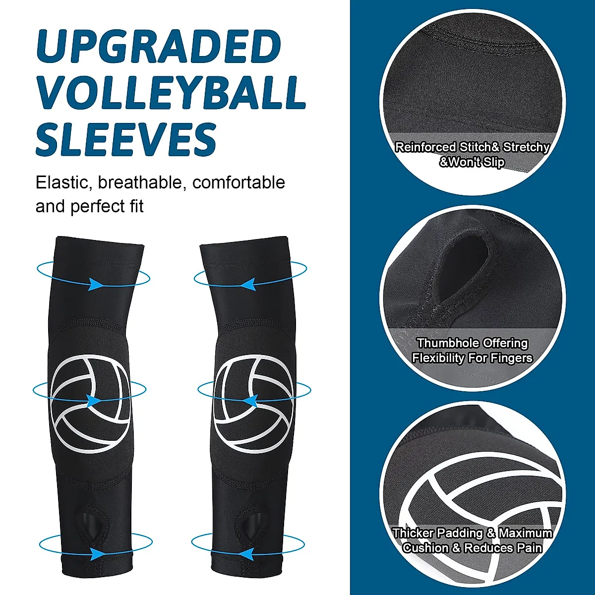 Minatee Volleyball Arm Sleeves Passing Hitting Forearm Sleeves with Protection Pads and Thumb Hole(2 Pairs,12 Inch)