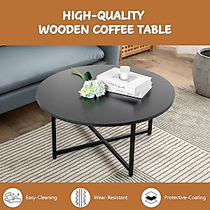 TOYSINTHEBOX Round Coffee Table Modern Coffee Table Sofa Table Tea Table for Living Room, Office Desk, Balcony, Wood Desktop and Metal Legs, Black, 31.5"