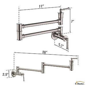Double Handles Folding Pot Filler Kitchen Faucet with 360 Degrees Swing Arm Single Hole Brass Wall Mount Pot Filler Facuet Dual Joints Brushed Nickel