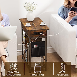 GarveeHome End Table with Charging Station, Flip Top Side Table with USB Ports and Outlets, Bedside Table with Storage Shelft, Narrow Nightstand for Living Room Bedroom Small Spaces, Brown