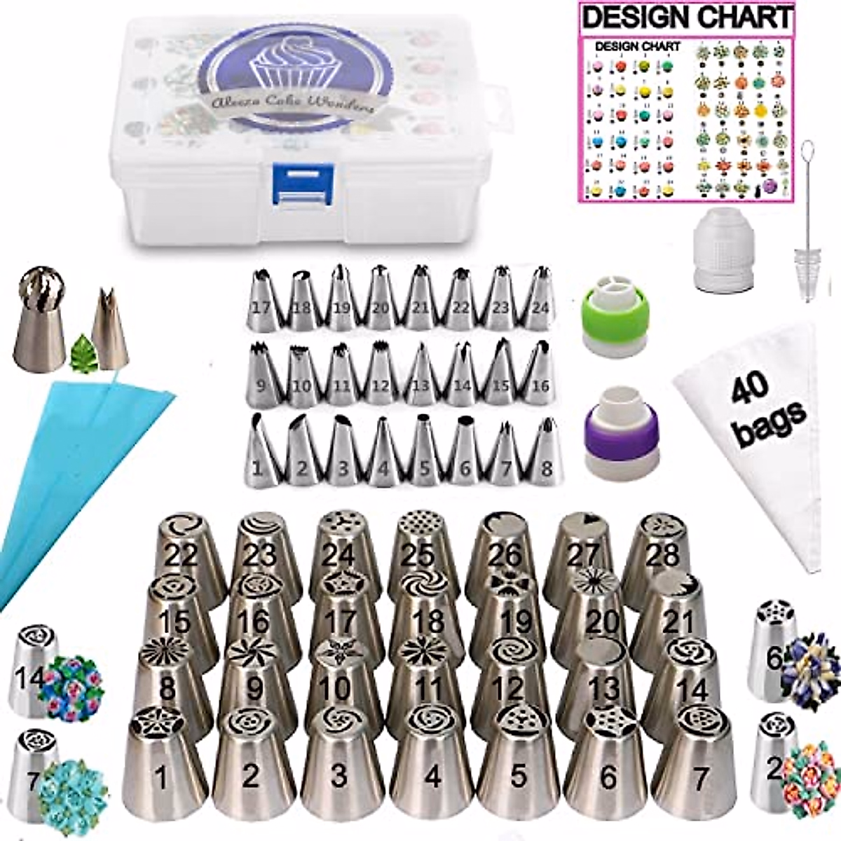 Aleeza Cake Wonders Russian Piping Tips Set - 100 pcs Cake Decorating Supplies with 40 Icing Bags, 28 Russian Nozzles, 24 Frosting Tips, Leaf and Ball Pastry Tips. Cookie and Cupcake Decorating Kit