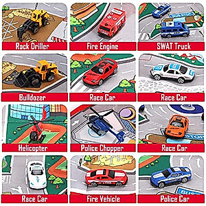 Toy Cars Storage Box, 2 in 1 Convertible Garage Holder Case with Road Play Mat & 17 Play Vehicles Included, Collapsible Fabric Organizer Bin for Kids