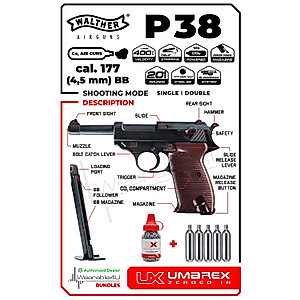 Wearable4U - Umarex Walther P38 Semi Auto CO2 Air Pistol BB Airgun Blowback Pistol Set with 5X 12gr CO2 Tanks and Pack of 1500 4.5mm (.177) Steel Umarex Precision BBS Bundle