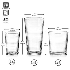 Set Of 18 Drinking Glasses, Includes 6-17 Oz. Highball Glasses, 6-13 Oz. Rock Glasses, 6-7 Oz. Juice Glasses, Ribbed Glasses, For Cocktail, Water, Juice. Dishwasher Safe