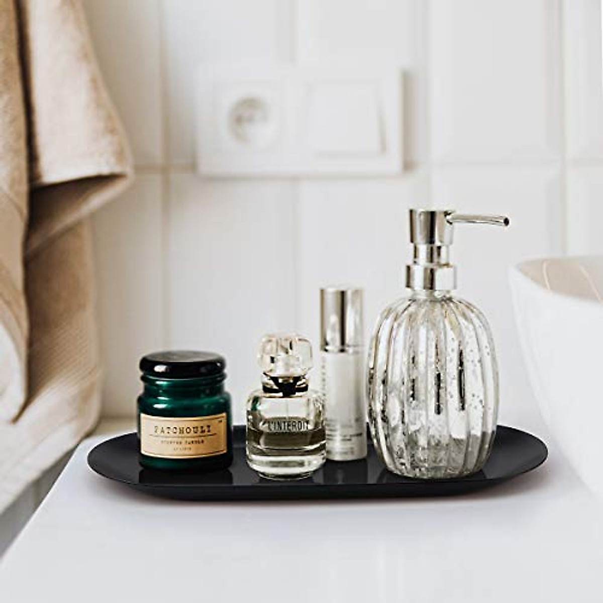 dedoot Stainless Steel Towel Tray, 2 Pack Metal Tray Storage Dish Plate Tea Candy Tray Cosmetics Jewelry Organizer Black Bathroom Tray for Counter, 9 Inch