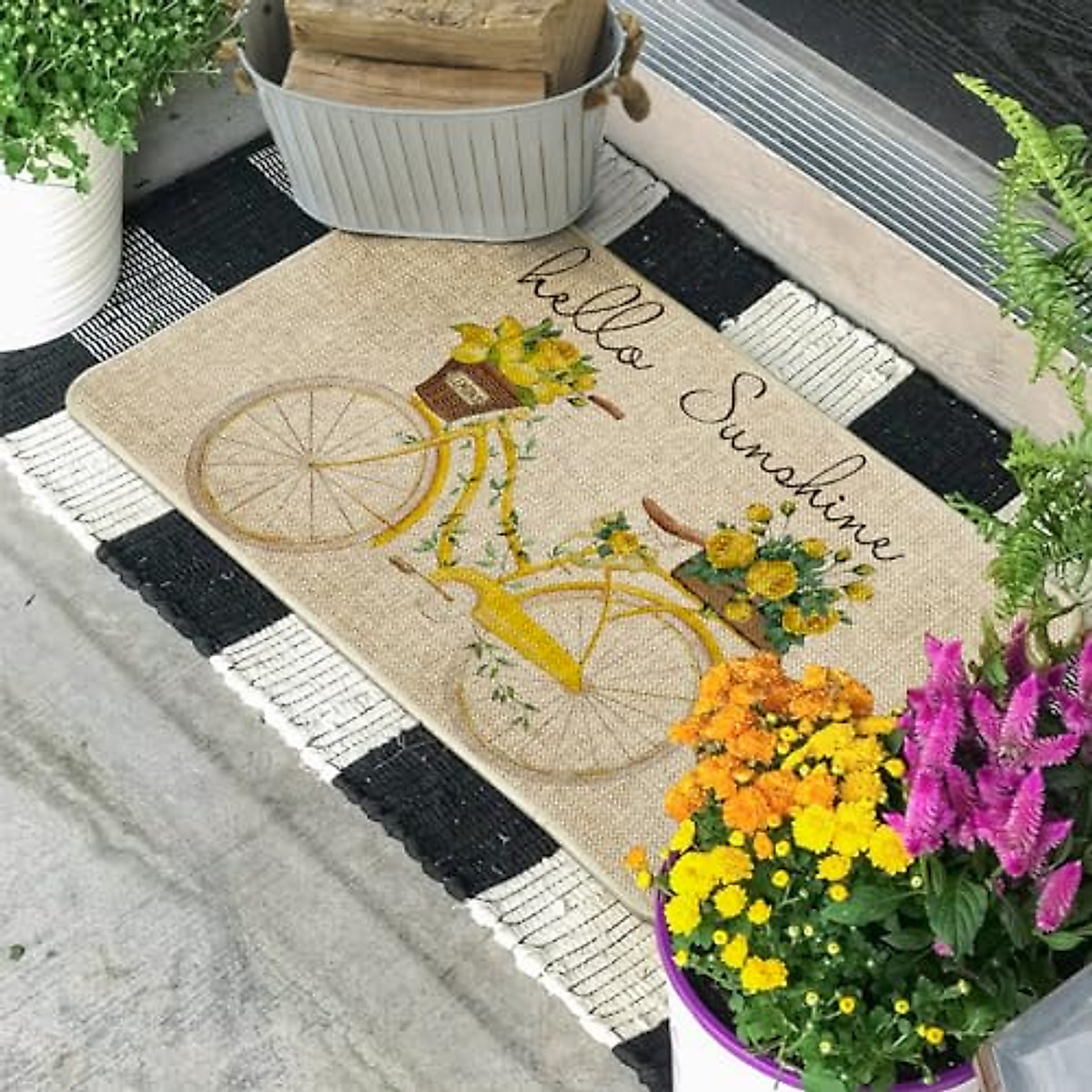 Artoid Mode Hello Sunshine Bicycle Lemon Flower Decorative Doormat, Seasonal Spring Holiday Low-Profile Floor Mat Switch Mat for Indoor Outdoor 17 x 29 Inch