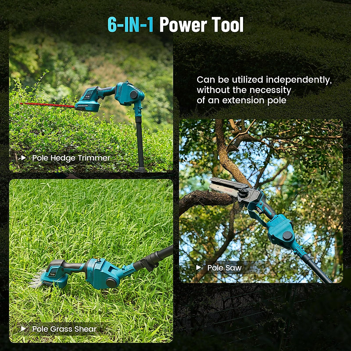 Seesii 6-in-1 Cordless Pole Saw and Pole Hedge Trimmer Grass Shears Combo Kit, Electric Mini Chainsaw with 2*4.0 Ah Batteries, Extension Tree Prunner, Bush Trimmer Limb Branch Cutter, 16ft Long Reach