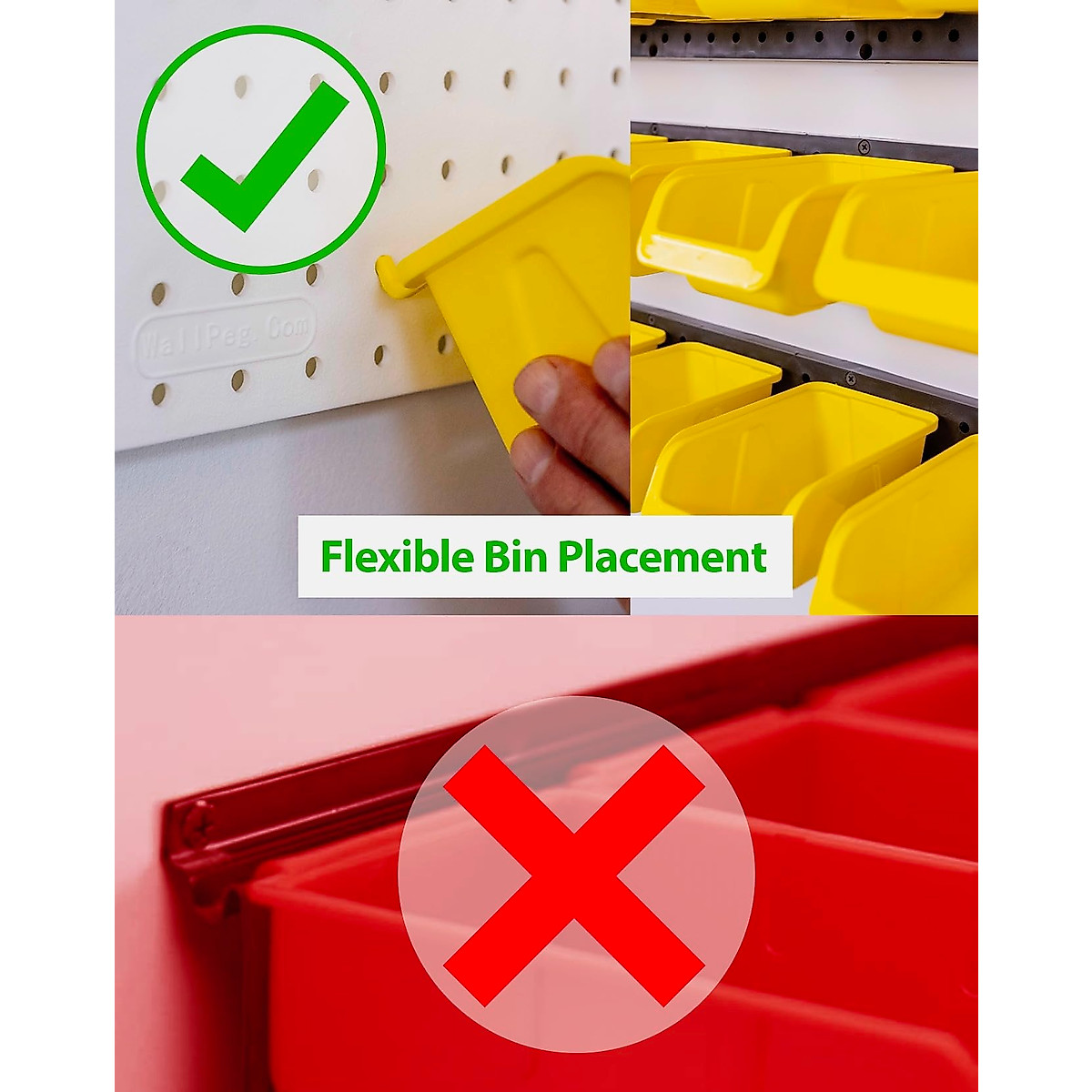 WallPeg - Made in USA - Pegboard Organizer System, Peg board (PK-2-3-15) Kit with Pegboard Bins, Hooks, Peg Board, Pegboard Wall Storage System (3 Tracks- 15 Bins)