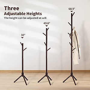 YOFU Coat Rack Sturdy Wooden Coat Rack Stand, Adjustable Coat Tree, Free Standing Tree Hanger with 3 Sections & 8 Hooks, for Home, Office, Bedroom, Entryways (Dark Walnut)