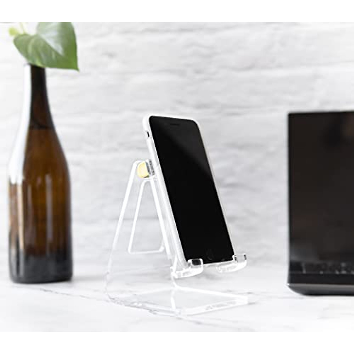 ELLÁRI - Phone Stand for Office Desk Adjustable Angle Clear Acrylic Compatible with Loopycases, Popsockets, All Kickstands, Kindle, Small Tablets, iPhone, Samsung, LG, Google
