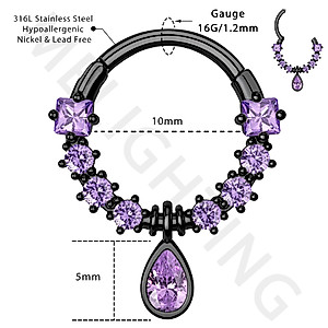Melighting Black Septum Rings 16G Teardrop Septum Jewelry Clear CZ Surgical Steel 316L Dangle Daith Earrings Helix Earring Conch Tragus Piercing for Women Men