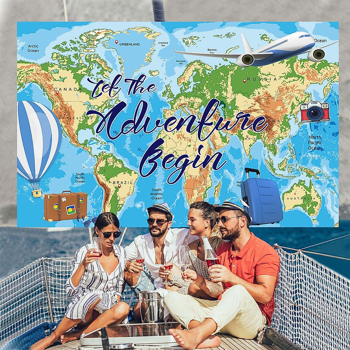 Adventure Awaits Backdrop Travel Themed World Map Photography Background Let The Adventure Begin World Travel Graduation Birthday Baby Shower Party Decorations Banner (6x4ft(70x40inch))
