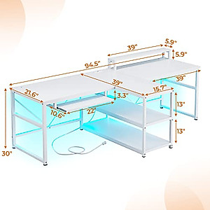 SEDETA 94.5" White Computer Desk, Two Person Gaming Desk with LED Light, Keyboard Tray, Power Strip with USB, Monitor Shelf & Storage, Extra Long Double Desk for Home Office, White.