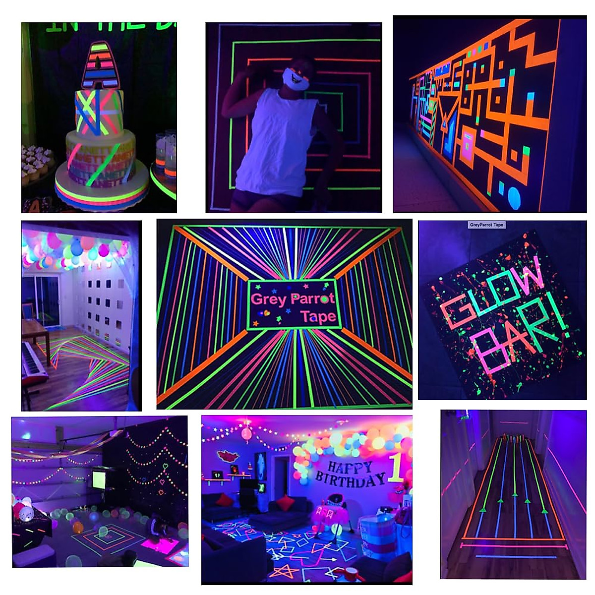 GreyParrot Tape UV Tape Blacklight Reactive, (6 Pack), (6 Colors), 33ft Per Roll, Fluorescent Cloth Tape, Glow in The Dark Tape Under UV Black Light