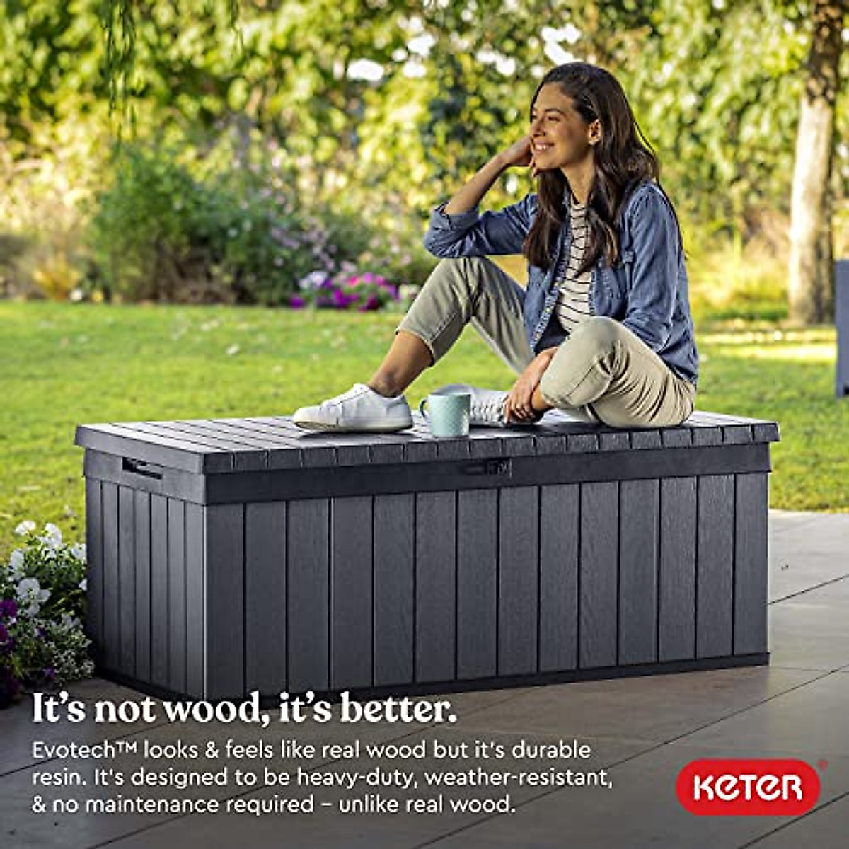 Keter Darwin 100 Gallon Resin Large Deck Box - Organization and Storage for Patio Furniture, Outdoor Cushions, Garden Tools and Pool Toys, Grey & Black