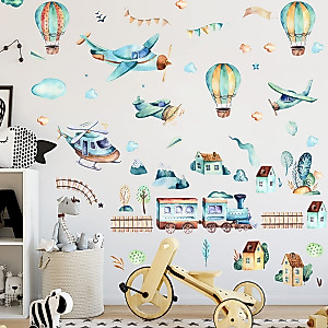 RW-KSY2 Green Airplane Hot Air Balloons Wall Decals House Tree Train Road Wall Stickers DIY Removable Countryside View Mountain Stars Cloud Decor for Kids Teens Bedroom Living Room Nursery Decoration