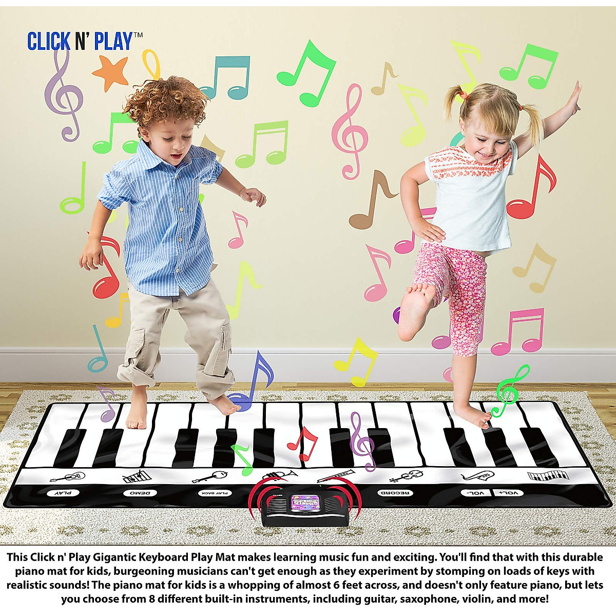 Click N' Play Mat with 24 Keys, 4 Unique Play Modes, 8 Musical Instrument Sounds | Music Mat Keyboard Toys | Floor Piano Pad Gift for Toddlers and Kids Ages 3-5,Black/White
