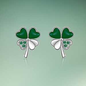 S925 Sterling Silver Heart Four Leaf Clover Shamrock Earrings for Women Irish Emerald Crystal Piercing Stud Charm Valentine ST Patricks Day Earring