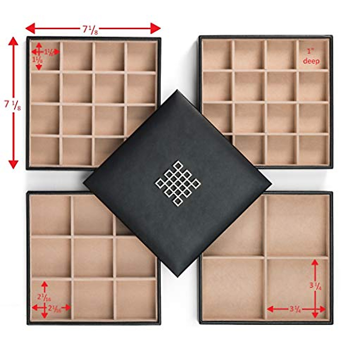 Glenor Co Earring Organizer Tray - 4 Stackable Trays with Lid -45 Slot Classic Jewelry Storage Display Case for Drawer or Dresser - Holder for Earring Ring Necklace or Cufflinks - Large Mirror - Black