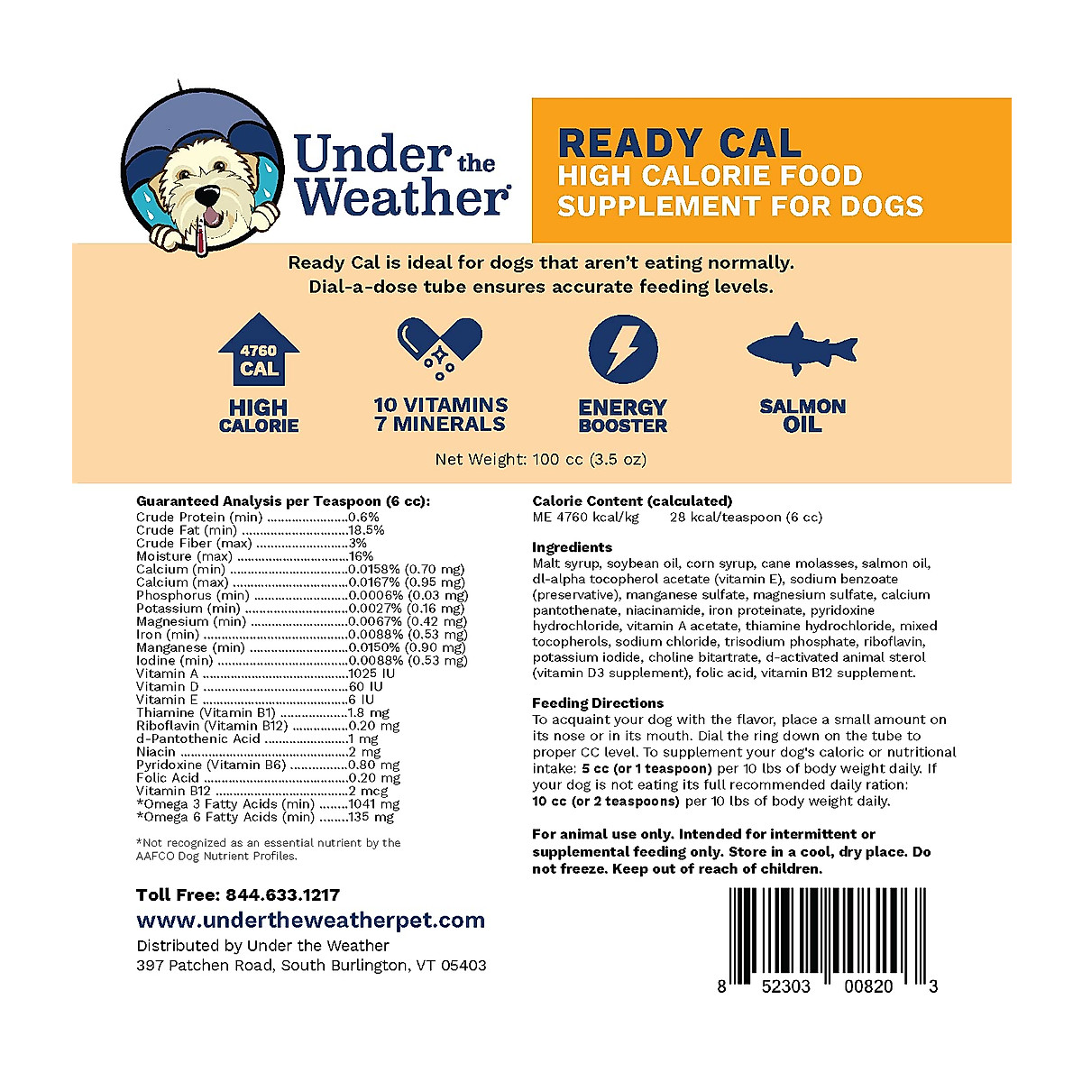 Under the Weather Pet | Ready Cal for Dogs 100cc | High Calorie Supplement | Weight Gainer and High Calorie Booster | 10 Vitamins, 7 Minerals & Omega Fatty Acids