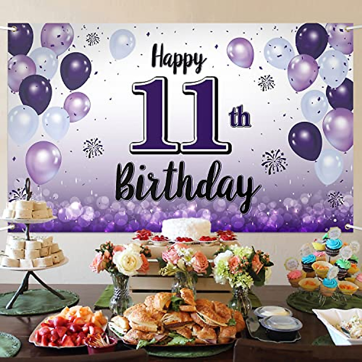 LASKYER Happy 11th Birthday Purple Large Banner - Cheers to Eleven Years Old Birthday Home Wall Photoprop Backdrop,11th Birthday Party Decorations.