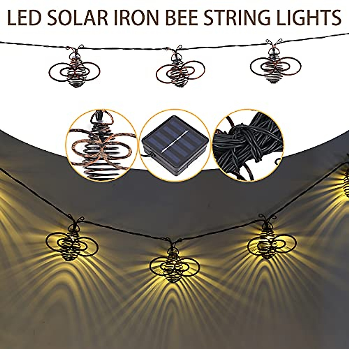 Solar Powered Bee String Lights Outdoor, Solar String Lights, 20 Lights 49inch 2 Modes IP44 Waterproof Simulation Bees Sting Lights, Decorative Lights for Outdoor Wedding Homes Gardens