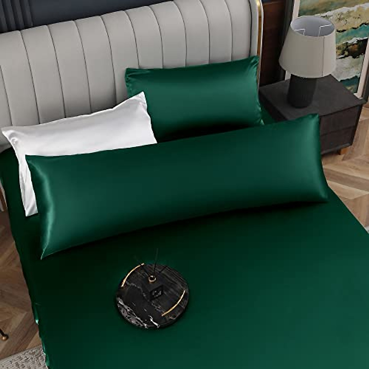 Homiest Satin Body Pillow Cover, Blackish Green Body Pillowcase 20 x 54 Inch Pillowcovers with Envelope Closure, Luxury & Ultra Soft Body Size Pillow Cases for Hair and Skin, Cooling Long Pillow Cover