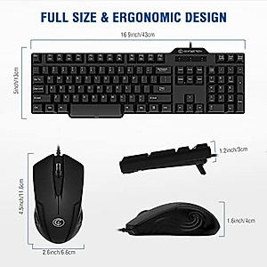 Wired Keyboard and Mouse Combo, Gofreetech Full-Size Keyboard and Mouse Combo with Optical 3 Button Mouse, USB Plug-and-Play, Compatible with Desktop, Laptop, Notebook, PC Windows