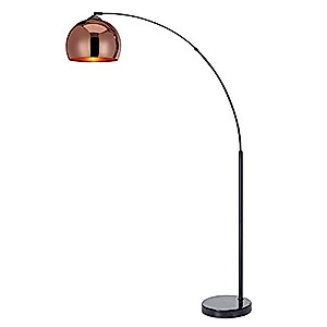 Teamson Home Arquer Real Marble Base Modern LED Arc Floor Lamp Tall Standing Hanging Light with Bell Shade for Living Room Reading Bedroom Home Office, 67 inch Height, Rose Gold