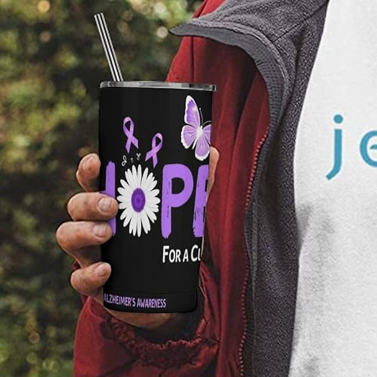 Hope for A Cure Alzheimer's Awareness 20 OZ Stainless Steel Tumbler Travel Car Coffee Mug with Straw Lid Cleaning Brush Coffee Tumbler Mug for Women Men