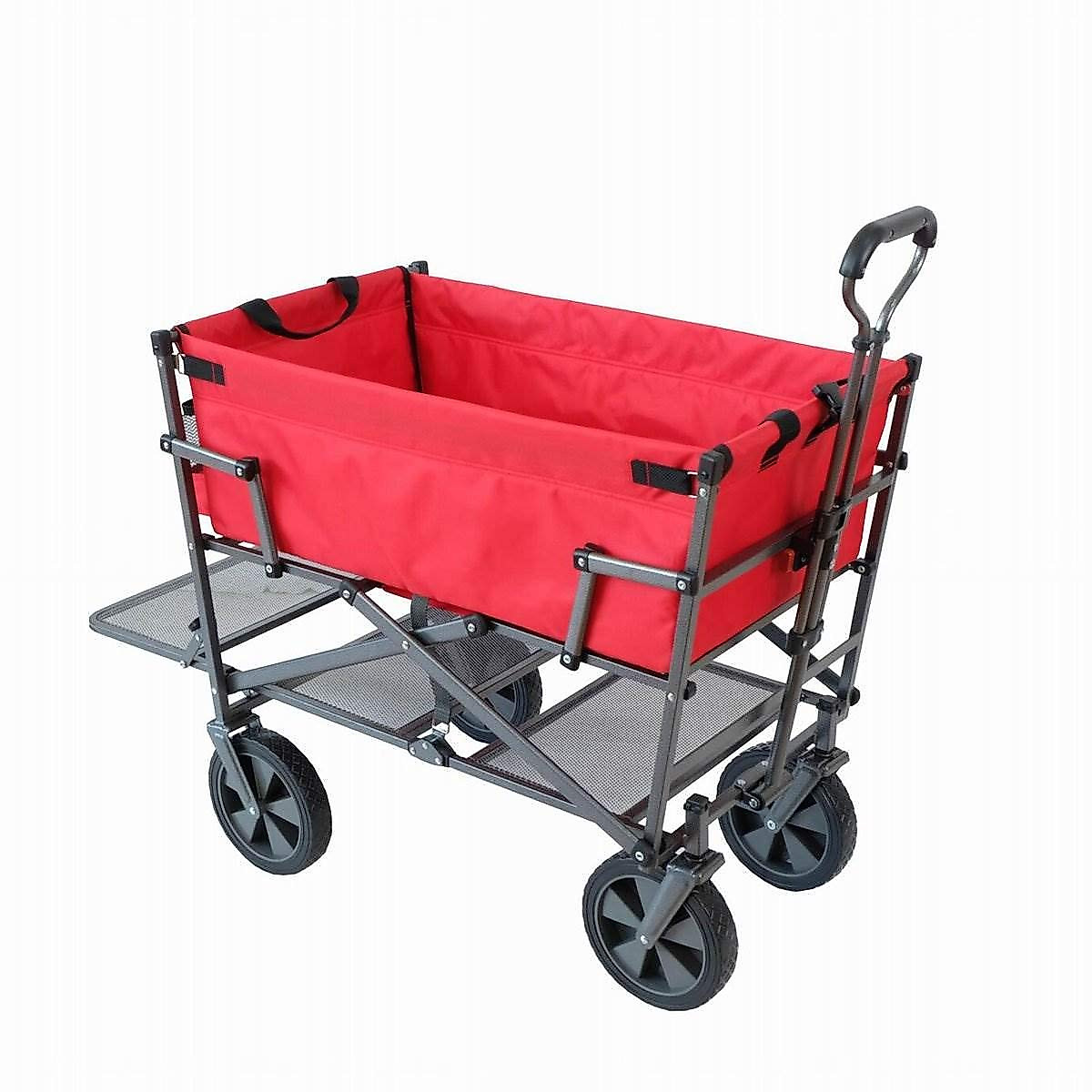 MacSports Double Decker Heavy Duty Steel Frame Collapsible Outdoor 150 Pound Capacity Yard Cart Utility Garden Wagon with Lower Storage Shelf, Red